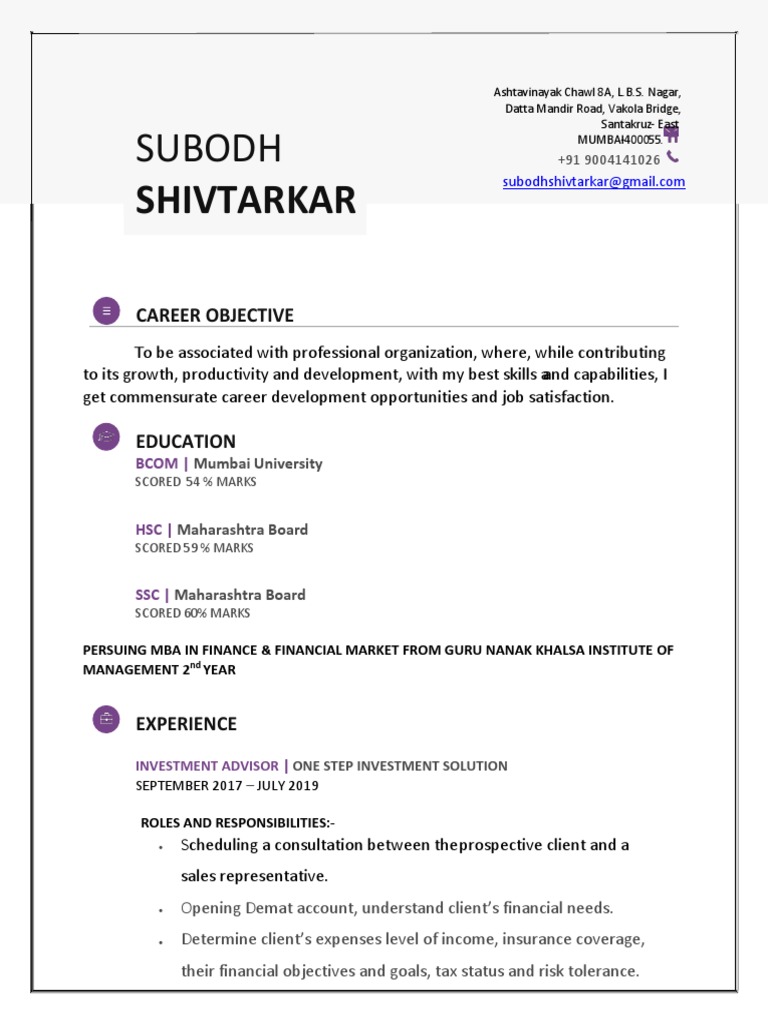 Subodh Shivtarkar Resume.. 2021 | PDF | Insurance | Investing
