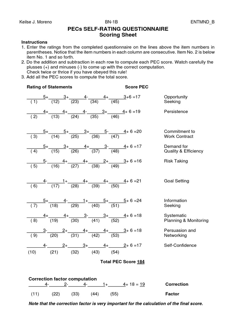 Pecs Self-Rating Questionnaire Scoring Sheet: Instructions | PDF