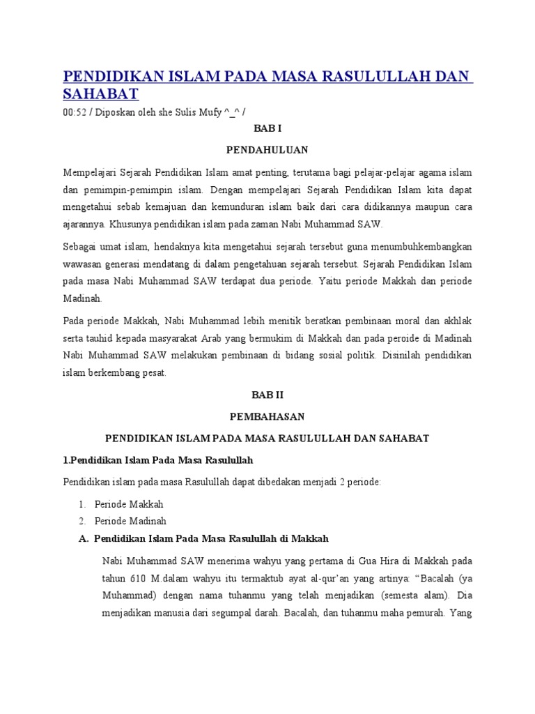 Pendidikan Islam Pada Masa Rasulullah Dan Sahabat | PDF