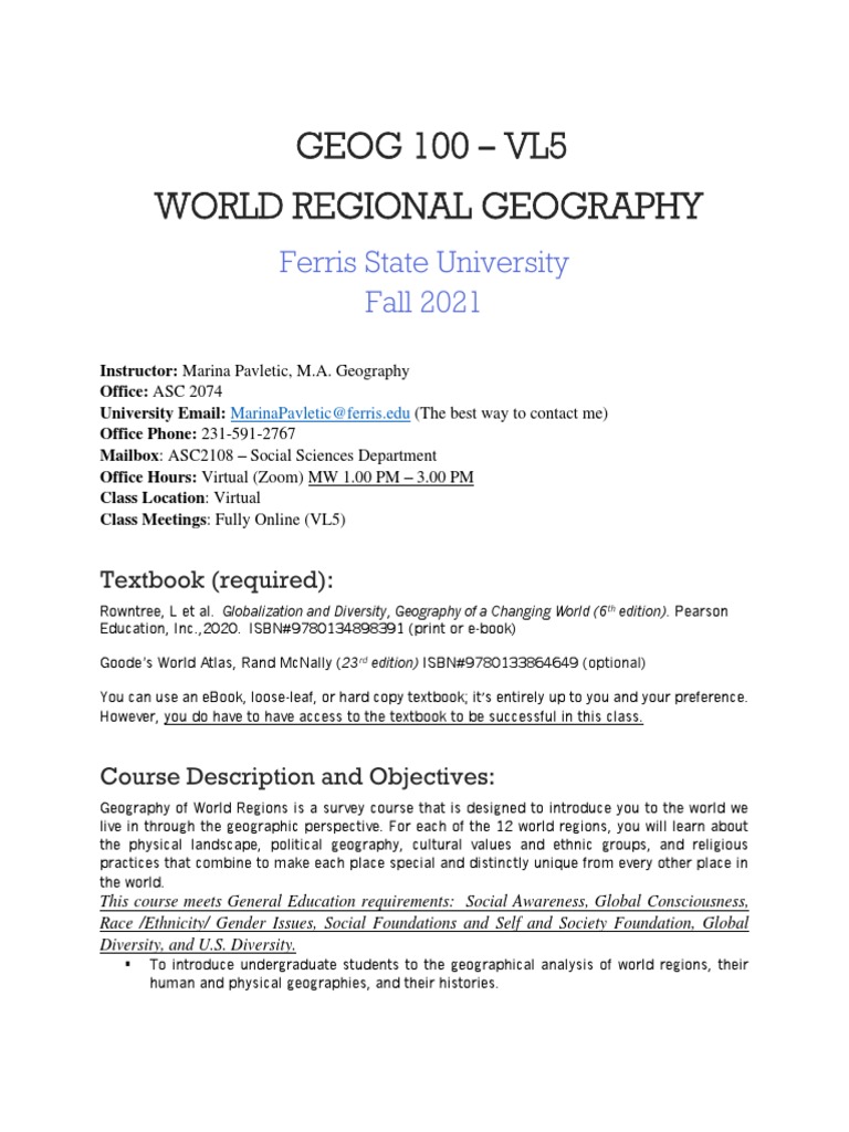 GEOG 100 Syllabus Fall 2021 - VL5 Pavletic | PDF | Title Ix | Learning