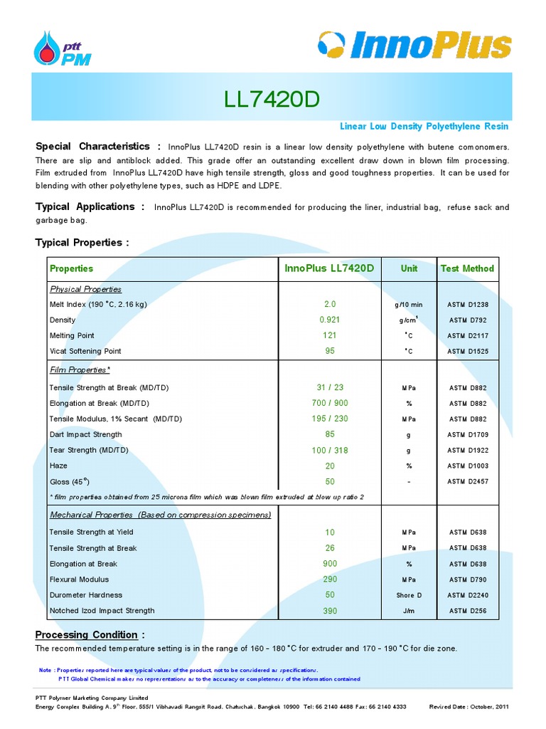 Special Characteristics:: Innoplus Ll7420D | PDF | Polyethylene | Strength Of Materials