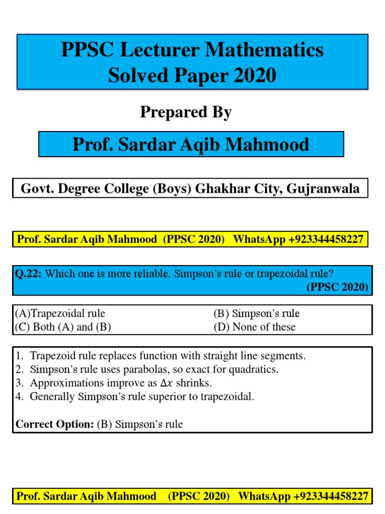 PPSC Lecturer Mathematics Solved Paper 2020 | PDF | Matrix (Mathematics ...