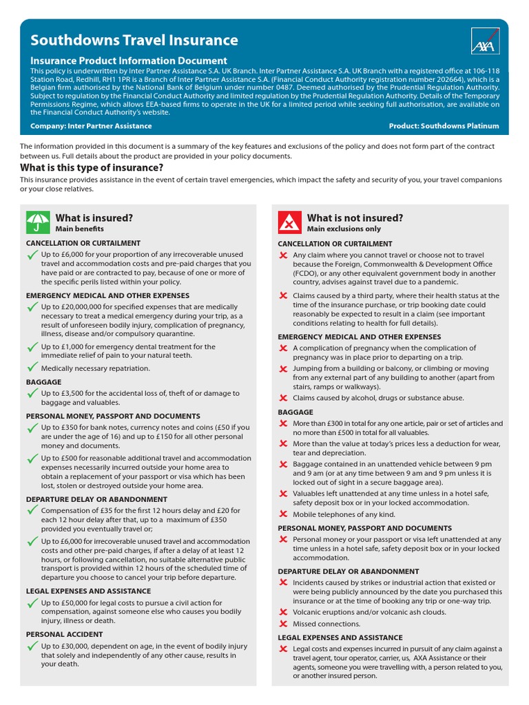 Southdowns Travel Insurance: Insurance Product Information Document ...