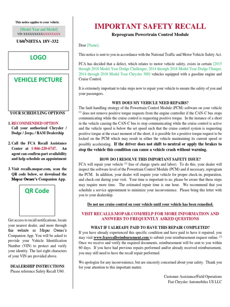 Important Safety Recall: U60 NHTSA 18V-332 Reprogram Powertrain Control ...