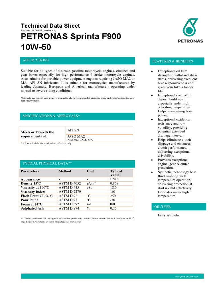 Petronas Sprinta F900 10W-50 Overview | PDF