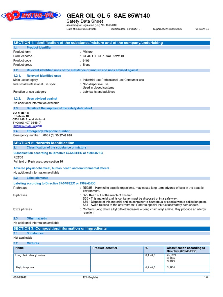 Gear Oil GL 5 Sae 85W140: Safety Data Sheet | PDF | Toxicity | Safety