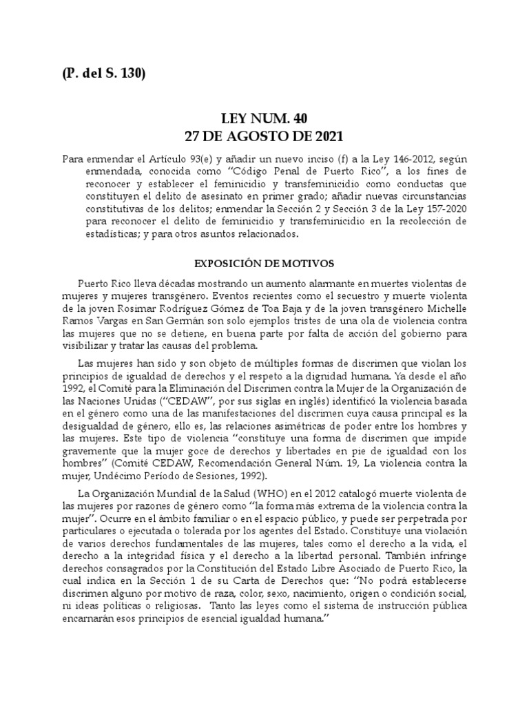 Ley Num. 40 27 de Agosto de 2021 | PDF | Asesinato | Violencia