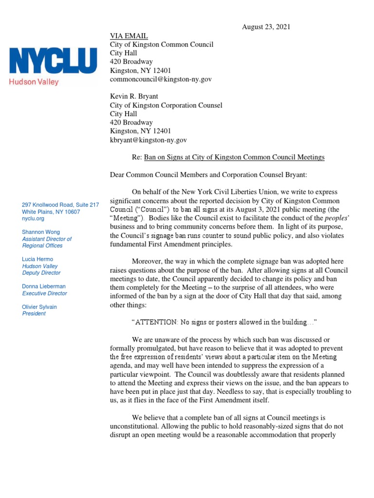 8.23.21 NYCLU Letter Kingston Common Council 1A Signage | PDF | First ...