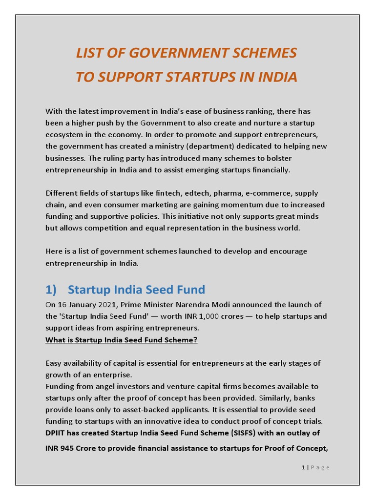 List of Government Schemes To Support Startups in India | PDF | Startup ...