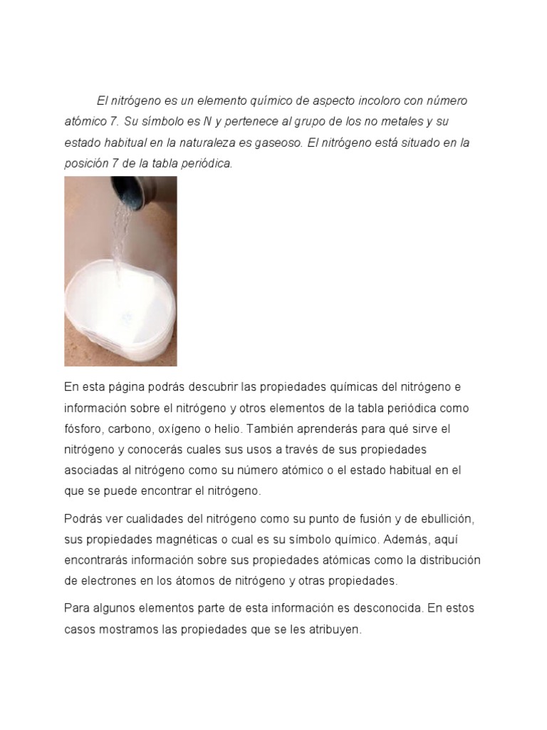 Características y usos del nitrógeno | PDF | Elementos químicos | Rieles