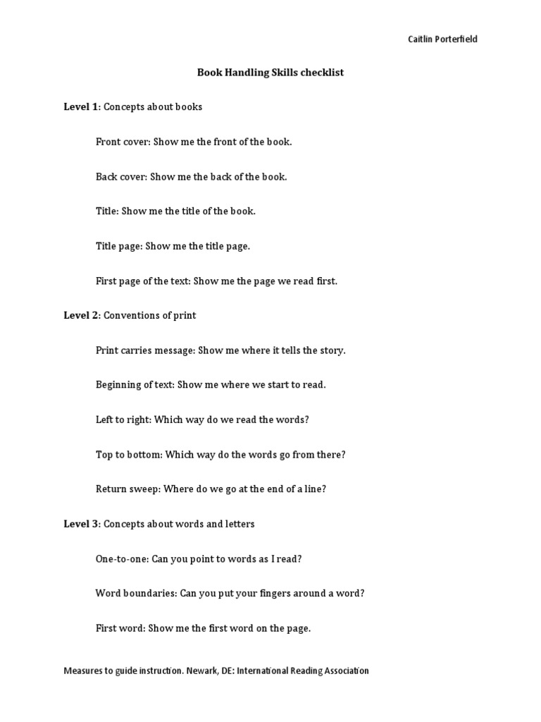 Book Handling Skills Checklist | PDF | Language Arts & Discipline ...