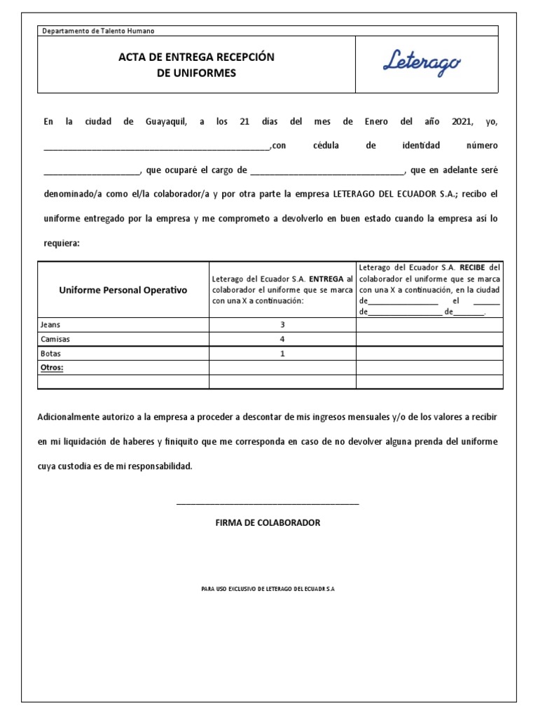 Recibo De Uniformes Para Funcionarios