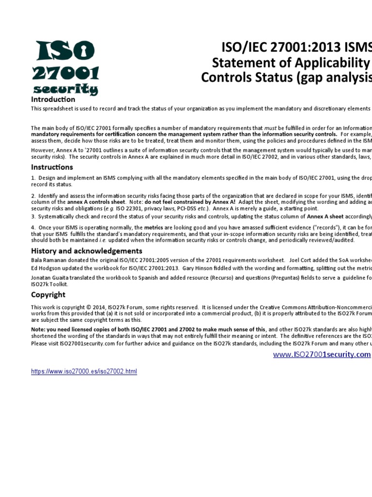 Iso/Iec 27001:2013 Isms Status, Statement of Applicability (Soa) and ...