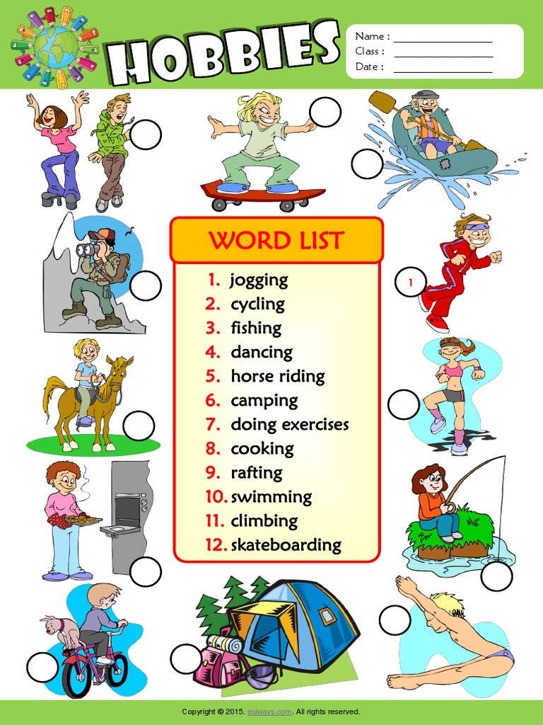 Hobbies Esl Vocabulary Number The Pictures Worksheet For Kids | PDF