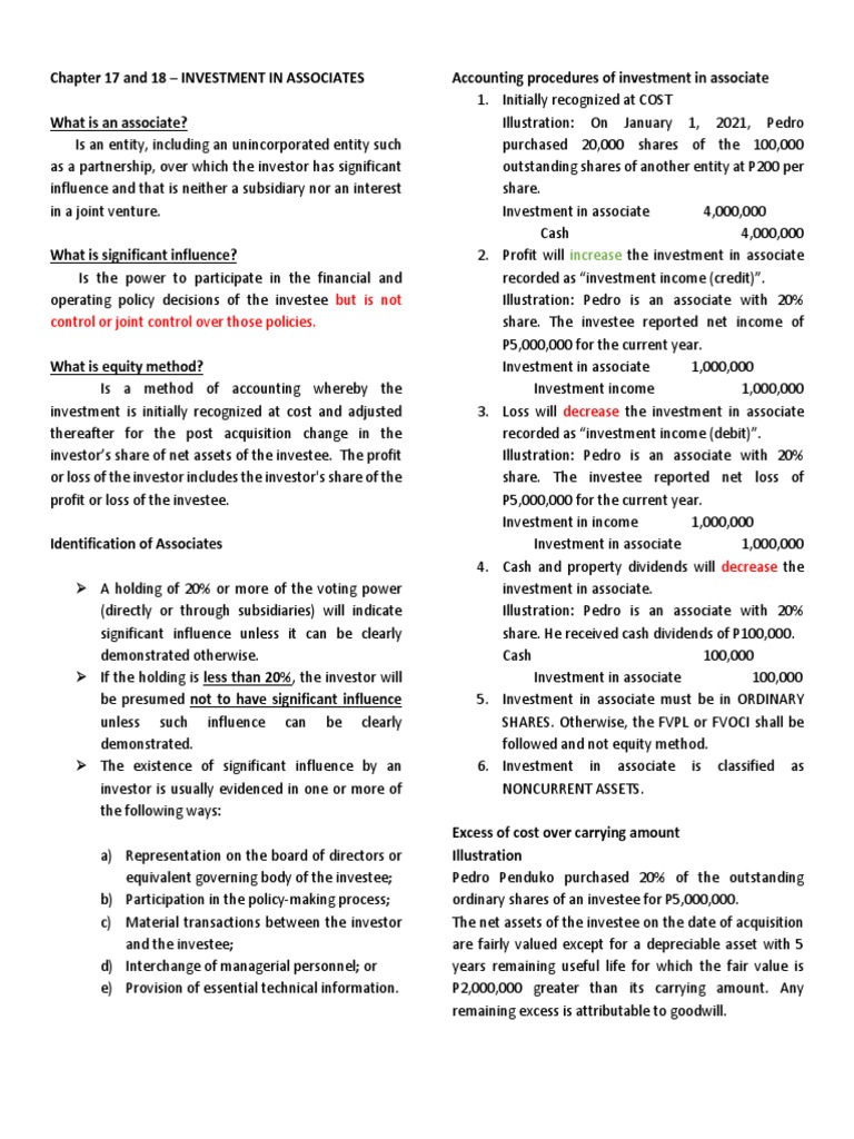 Chapter 17 and 18 - Investment in Associates What Is An Associate ...