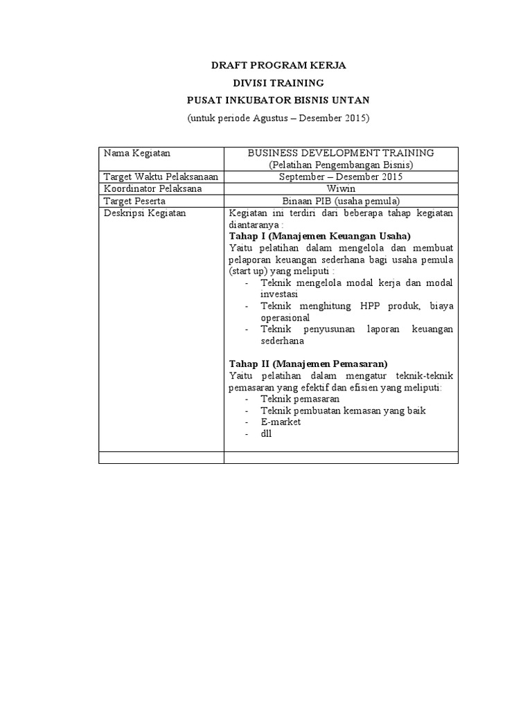 Draft Program Kerja Divisi Training | PDF