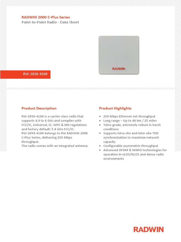 Point-to-Point Radio - Data Sheet: RADWIN 2000 C-Plus Series | PDF ...