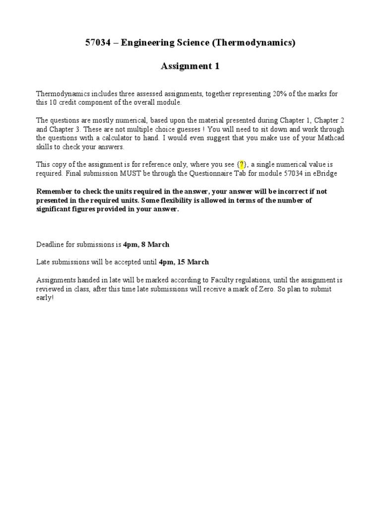 Engineering Science (Thermodynamics) Assignment 1 | PDF | Pressure | Pascal (Unit)