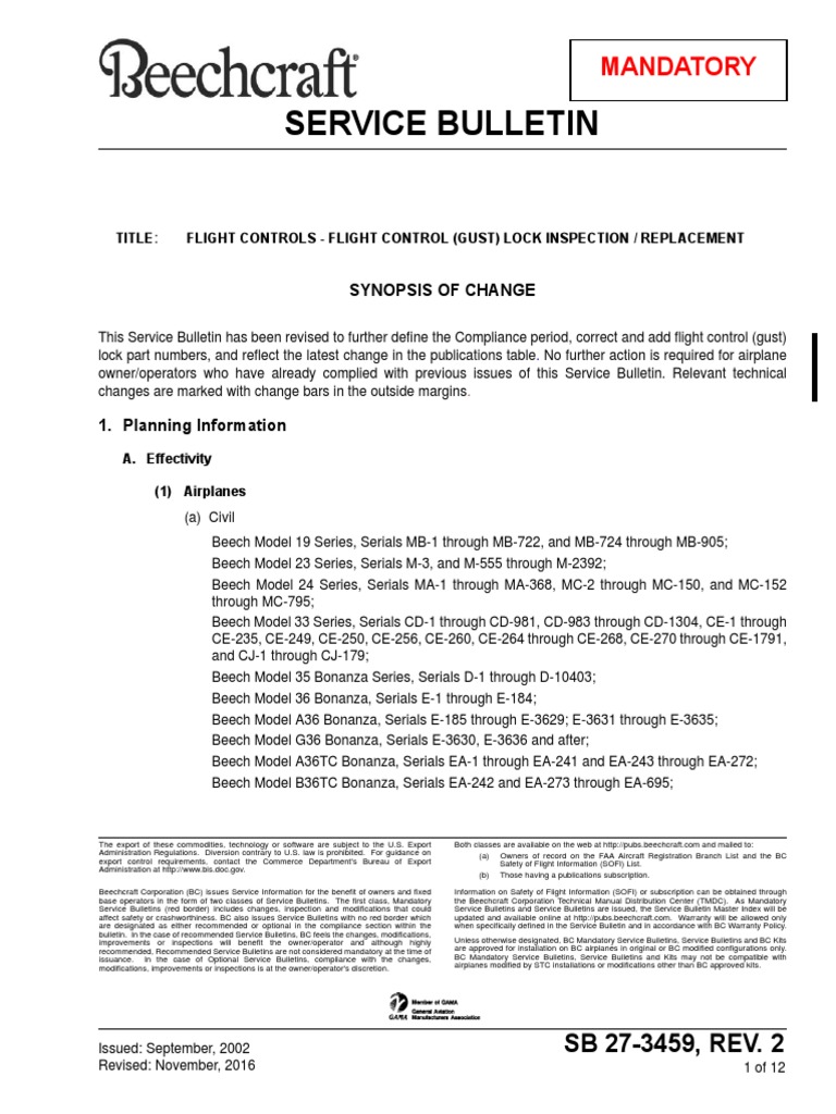 SB 27-3459r2 Gust Lock Inspection | PDF | Aircraft Flight Control ...