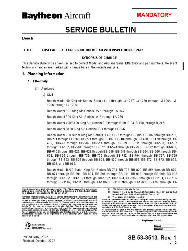 SB 53-3513r1 Aft Pressure Bulkhead Inspection | PDF | Federal Aviation ...