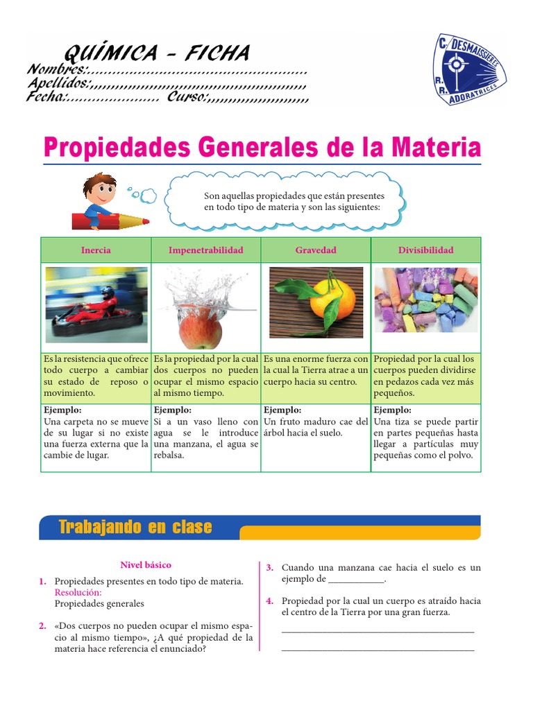 Hoja De Trabajo Sobre Las Propiedades De La Materia, Tercer Grado Guia