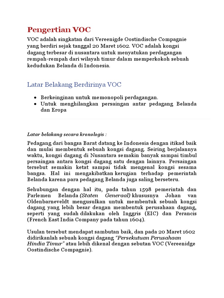 Arti dan Sejarah VOC di Indonesia | PDF