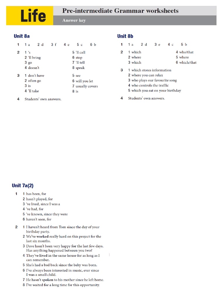 Grammar Pre Int - Unit8 - Answerkey 6 | PDF
