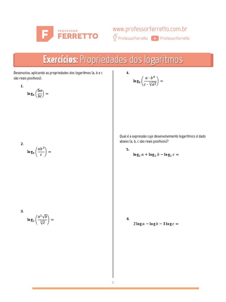 Propriedades dos logaritmos: exercícios de desenvolvimento e cálculo | PDF | Logaritmo | Matemática