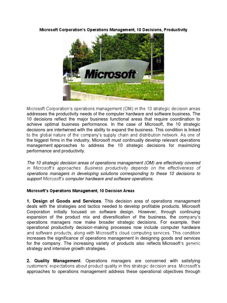Microsoft Corporation's Operations Management, 10 Decisions ...