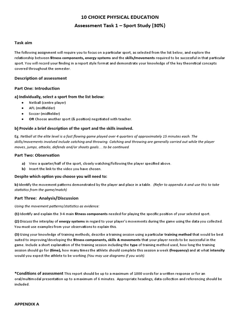 Assessment Task 1 - Sport Study Task Sheet | PDF | Sports | Cognition