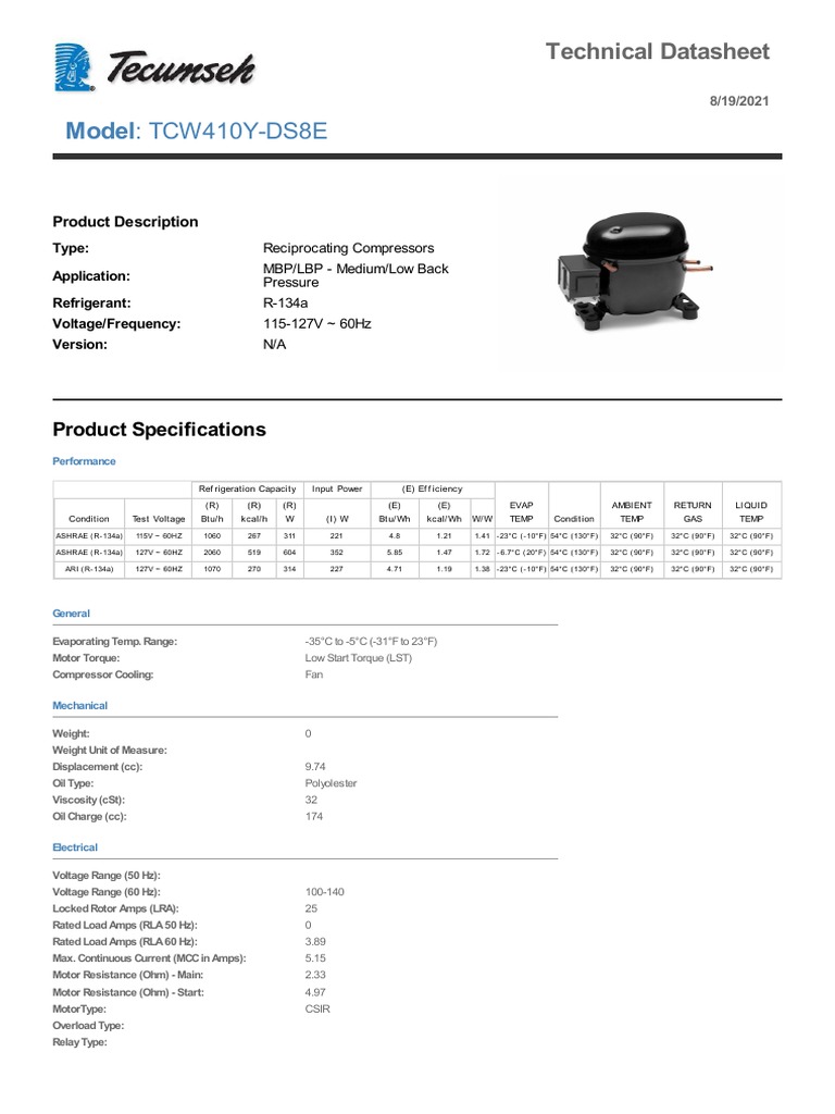 Performance Data Sheet for TCW410Y-DS8E Reciprocating Compressor | PDF ...