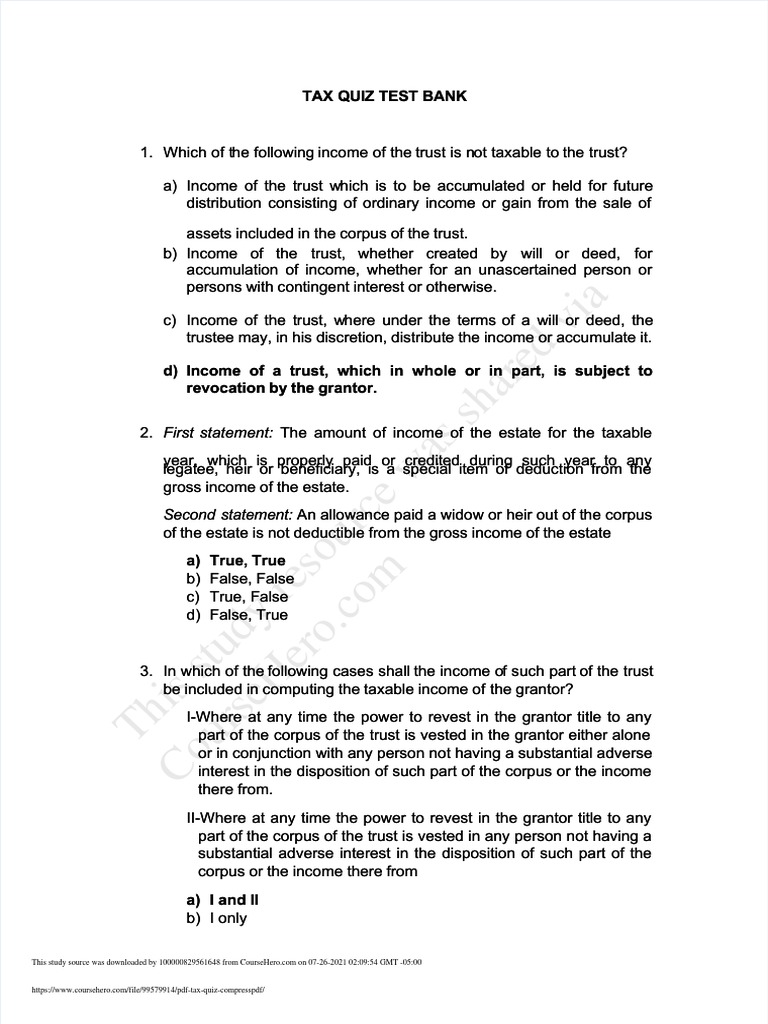 Tax Quiz Test Bank for Trusts | PDF | Trust Law | Gross Income