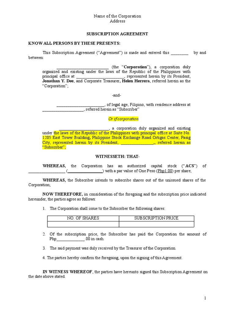 Subscription Agreement Details | PDF | Corporations | Private Law