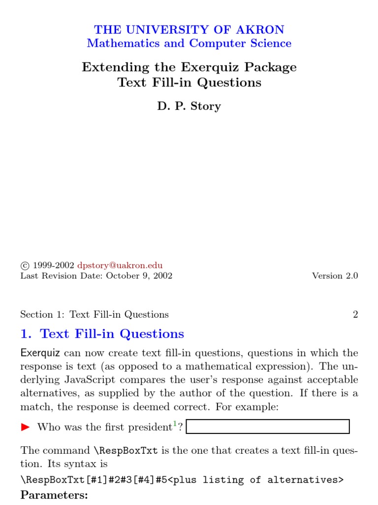 Extending The Exerquiz Package Text Fill-In Questions: The University of Akron Mathematics and ...