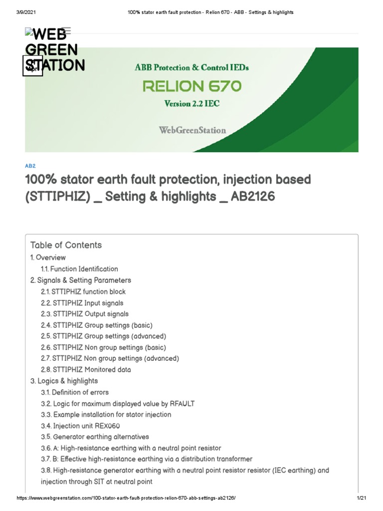 100% Stator Earth Fault Protection - Relion 670 - ABB - Settings ...