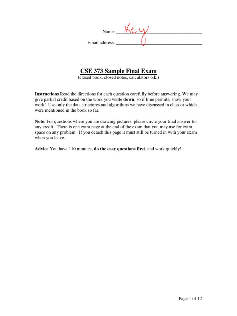 CSE 373 Sample Final Exam: Instructions Read The Directions For Each ...