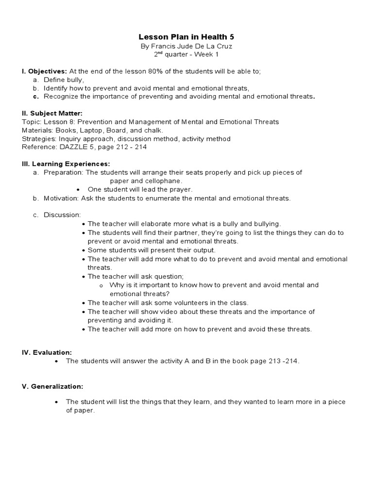 Health Lesson Plan: Grade 5, Q2 W1-5 | PDF | Teachers | Lesson Plan