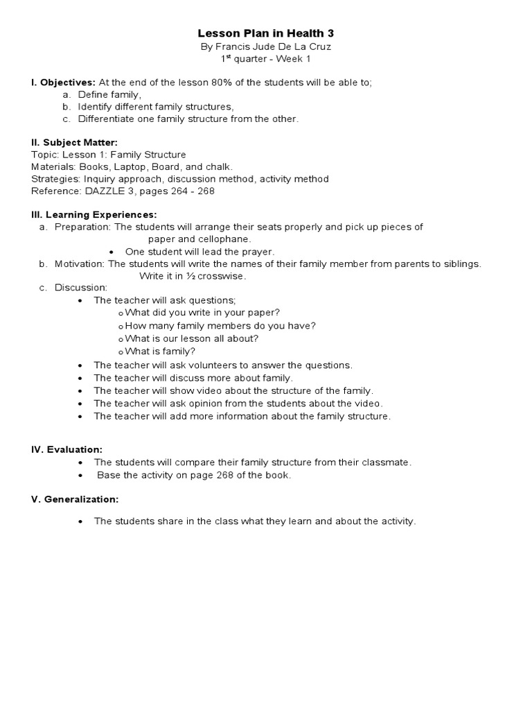 Grade 3 Family Health Lessons | PDF | Lesson Plan | Teachers