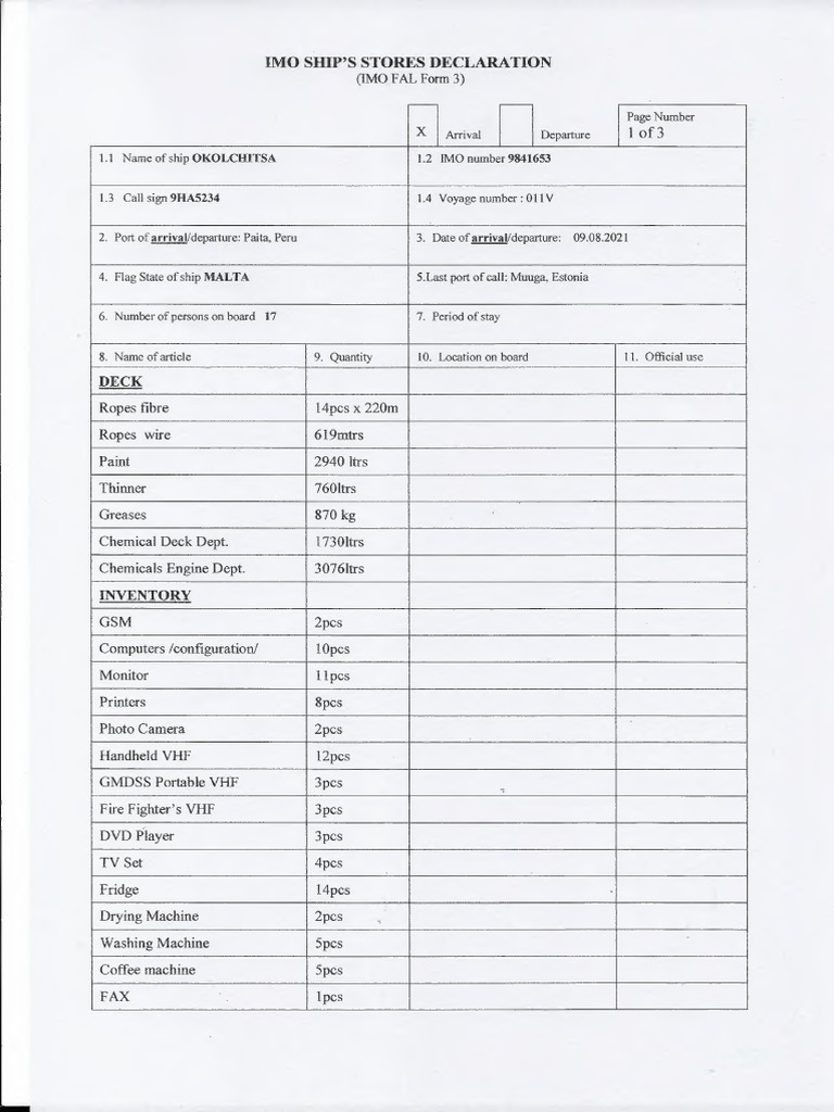 Ship's Stores Declaration | PDF