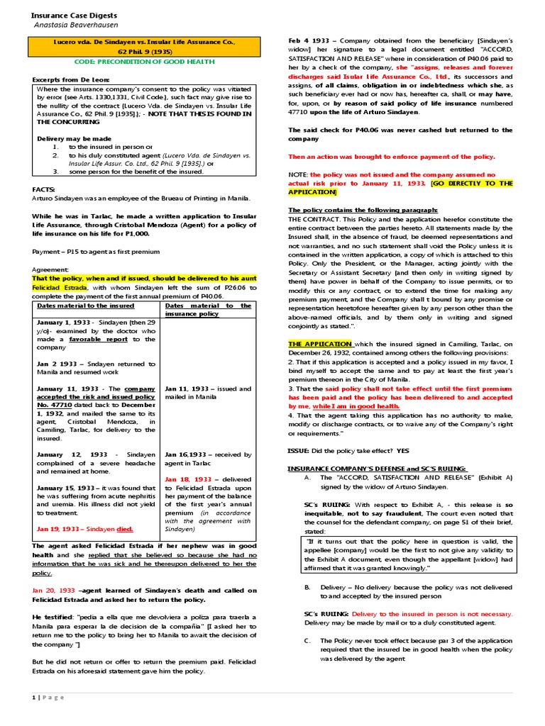 Insurance Cases 1st Set | PDF | Insurance | Life Insurance
