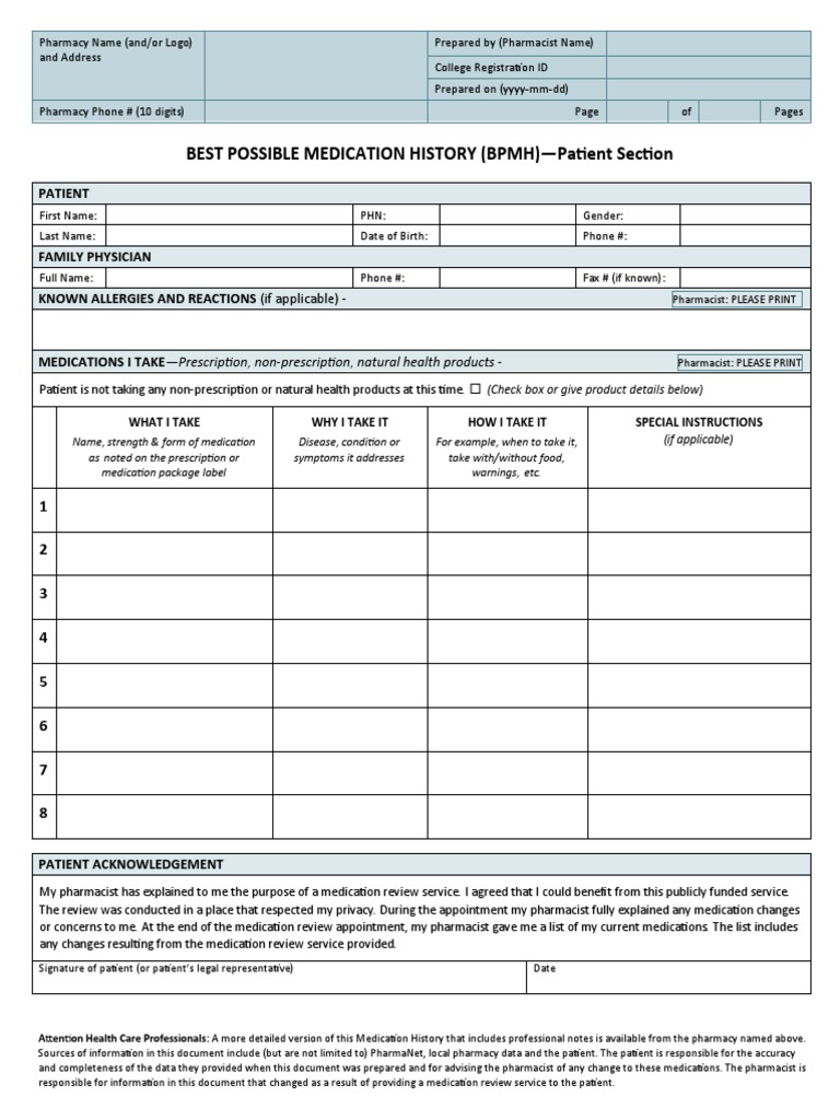 Best Possible Medication History (BPMH) - Patient Section | PDF ...