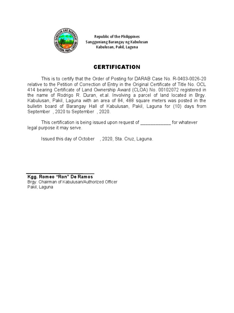 Certification of Land Title Posting | PDF