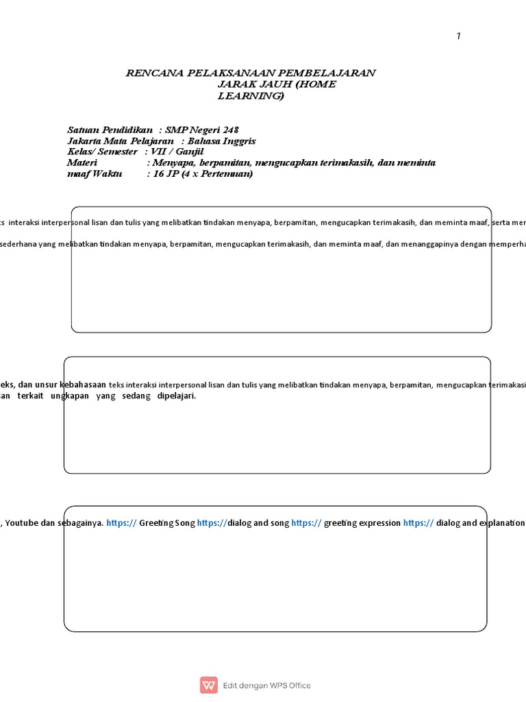 (Template) RPP Inspiratif PJJ BING Kelas VII KD 3.1 & 4.1 - Putih | PDF