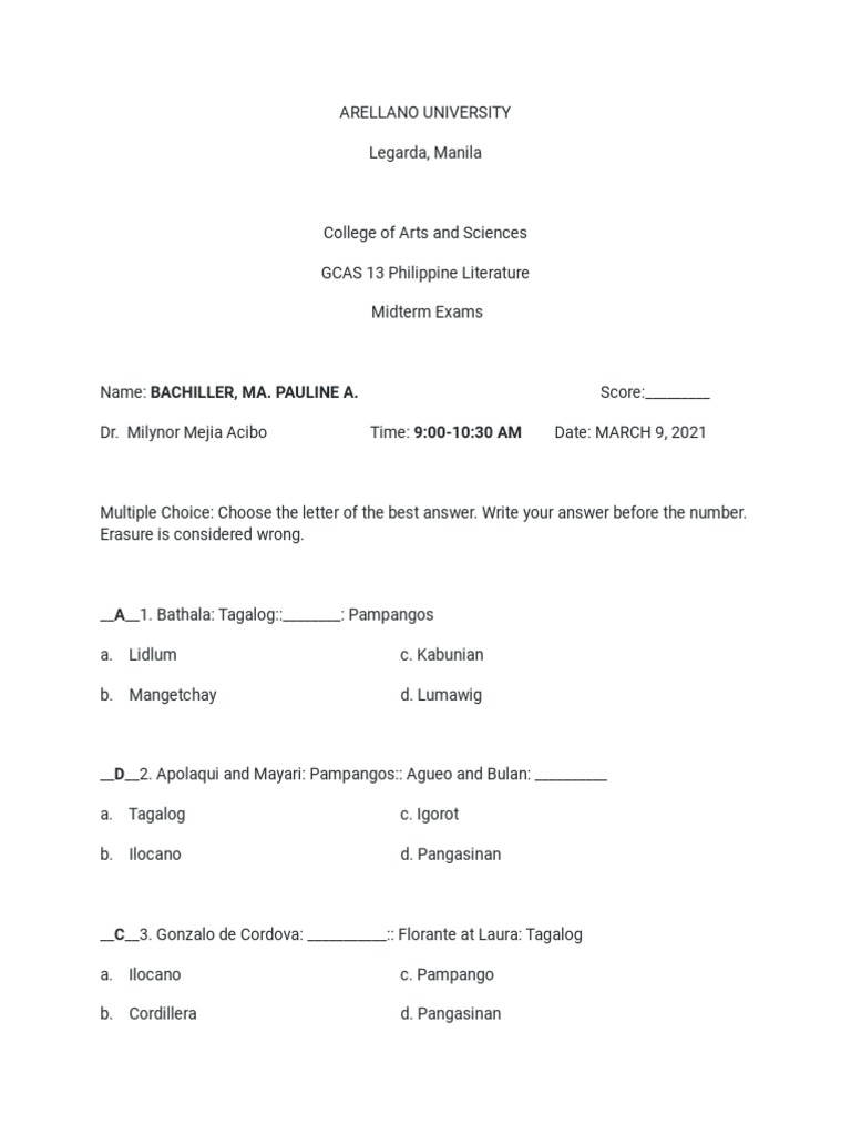 Midterm Exam | PDF | Tagalog Language | Philippines