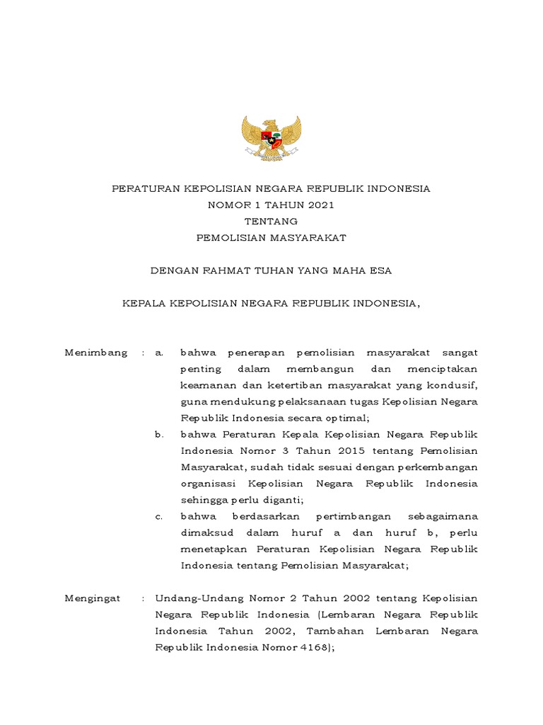 Perpol Polmas Nomor 1 TH 2021 TTG Polmas | PDF