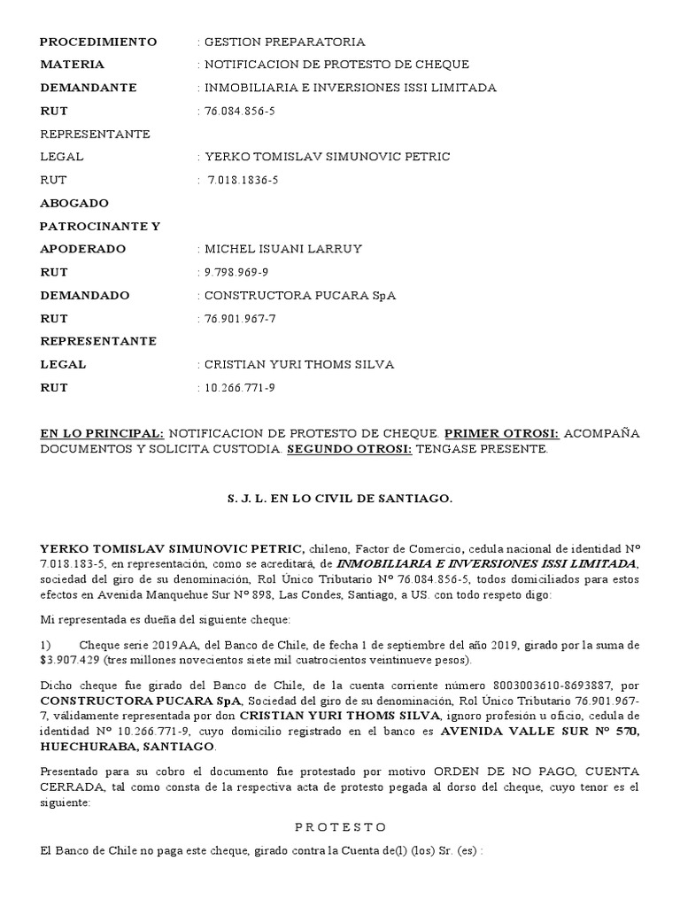 Protesto de Cheque Issi Limitada Por Yerko | PDF | Cheque | Santiago