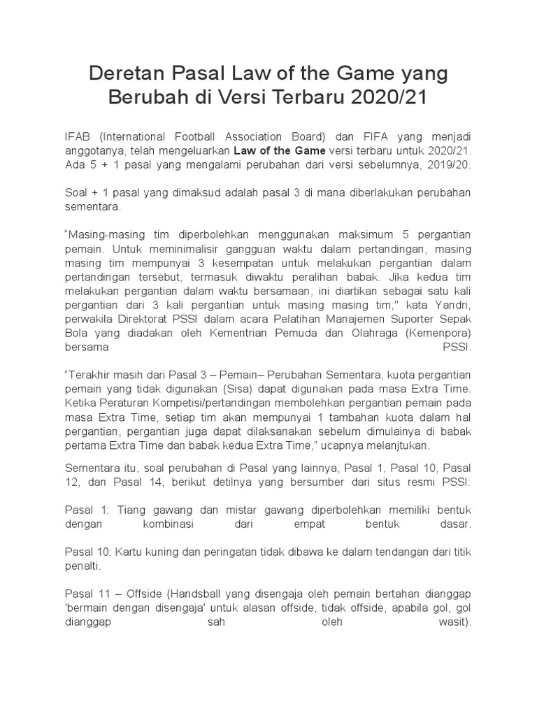 Deretan Pasal Law of The Game Yang Berubah Di Versi Terbaru 2020 | PDF