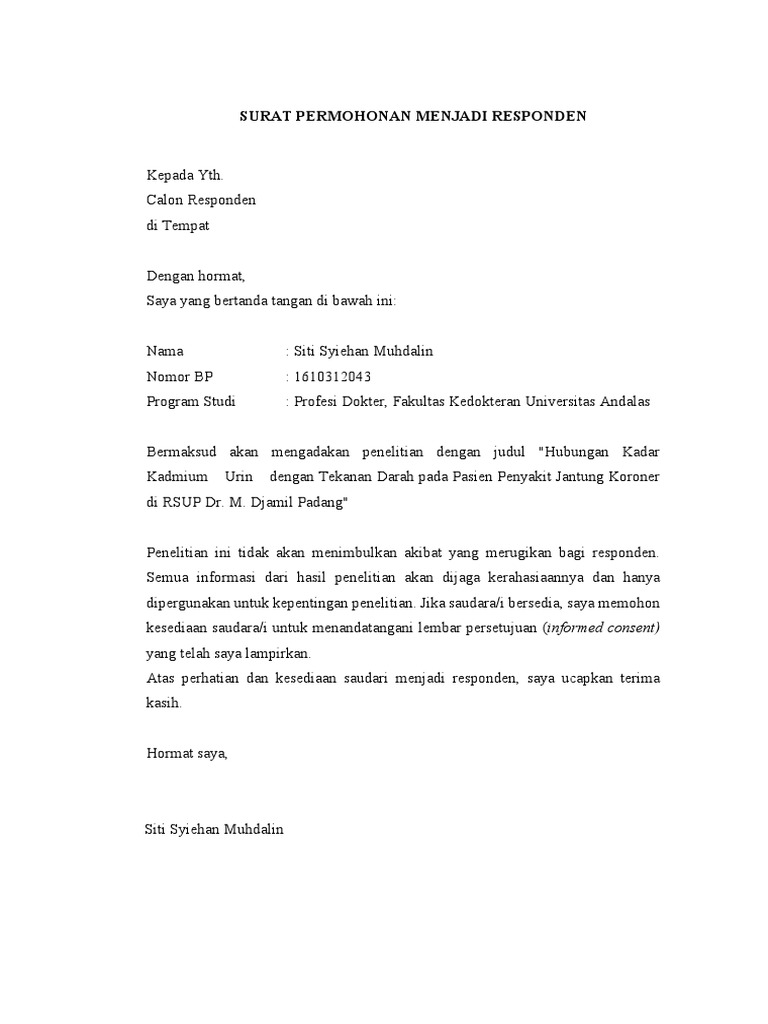 SURAT PERMOHONAN MENJADI RESPONDEN Jihaan | PDF