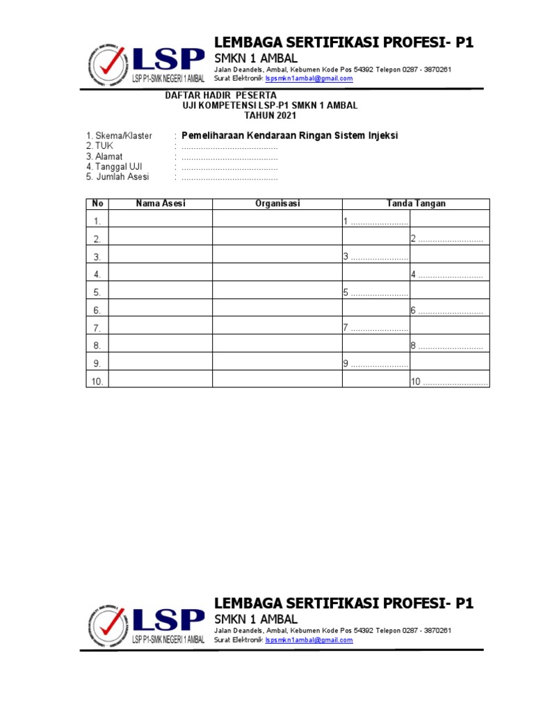 Daftar hadir uji kompetensi LSP | PDF