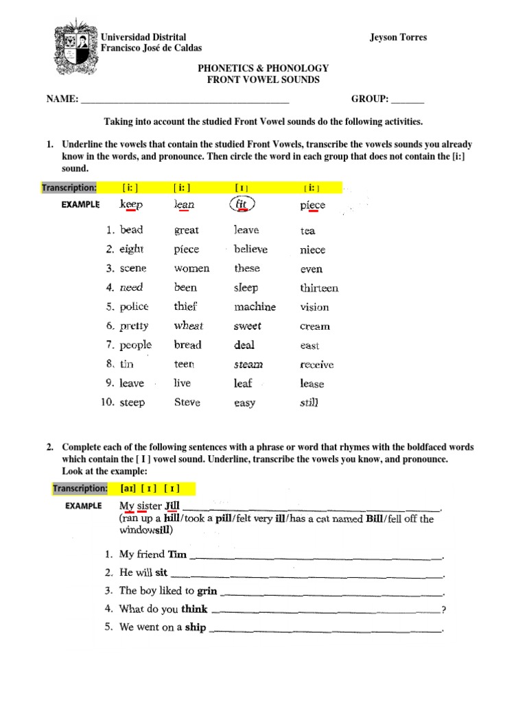 Front Vowels Exercises | PDF | Vowel | Foreign Language Studies